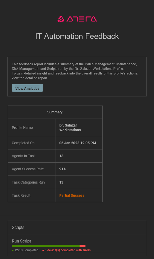 IT Automation Feedback Summary Email – Atera Support