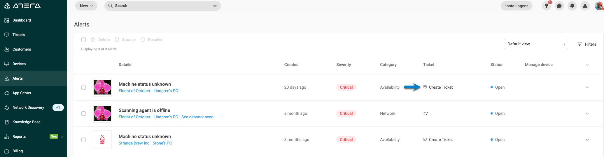 Crear o asignar un ticket para una alerta – Atera Support
